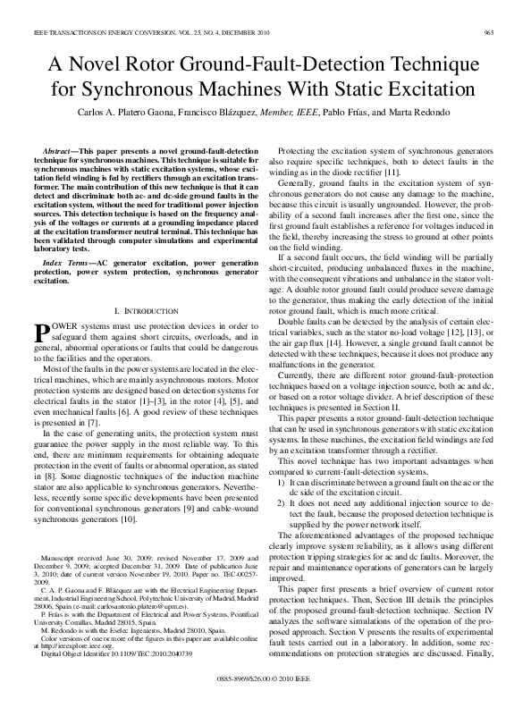 Pdf A Novel Rotor Ground Fault Detection Technique For Synchronous Machines With Static Excitation