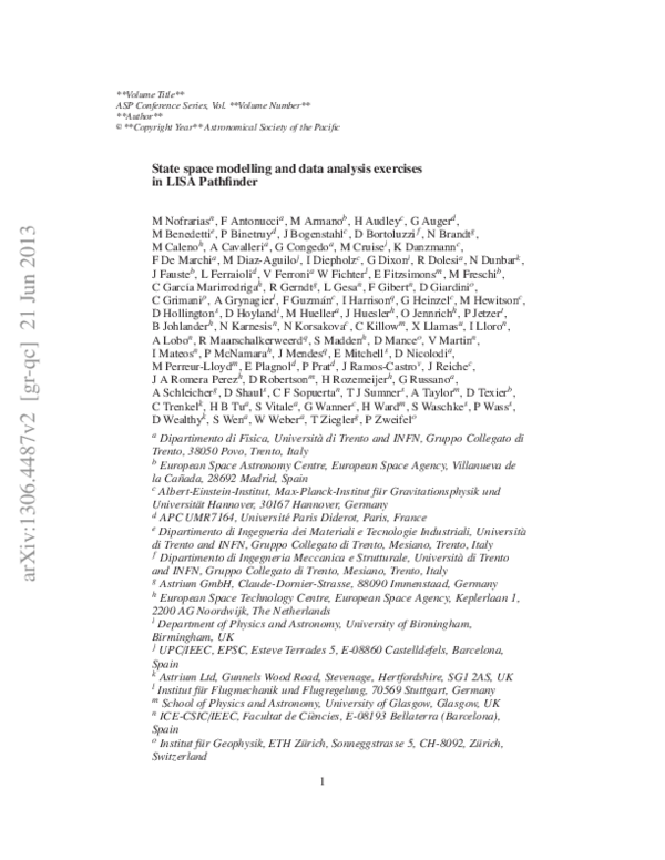 Pdf State Space Modelling And Data Analysis Exercises In Lisa Pathfinder