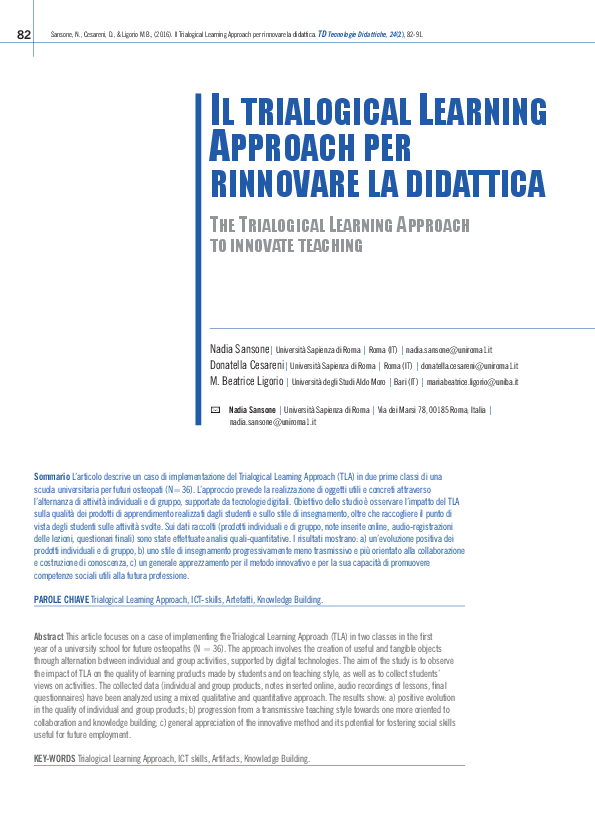 (PDF) Il Trialogical Learning Approach per rinnovare la didattica