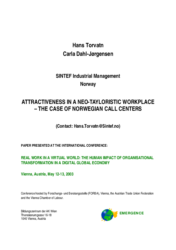 (PDF) ATTRACTIVENESS IN A NEO-TAYLORISTIC WORKPLACE - THE CASE OF ...