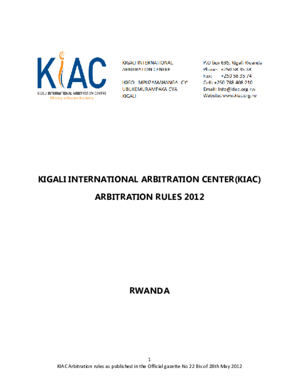 (PDF) KIGALI INTERNATIONAL ARBITRATION CENTER(KIAC) ARBITRATION RULES ...