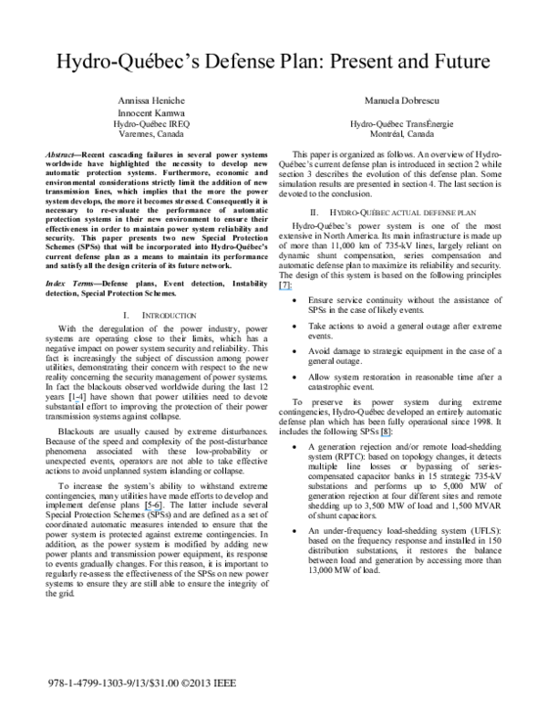 (PDF) Hydro-Québec's defense plan: Present and future