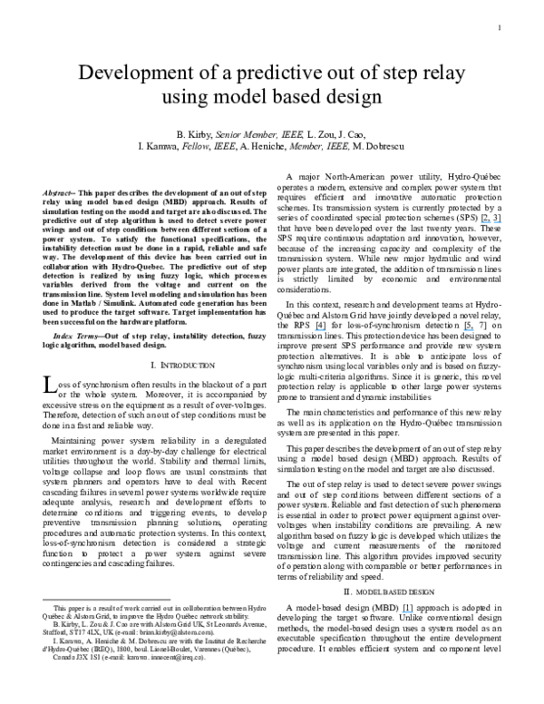 Pdf Development Of A Predictive Out Of Step Relay Using Model Based Design
