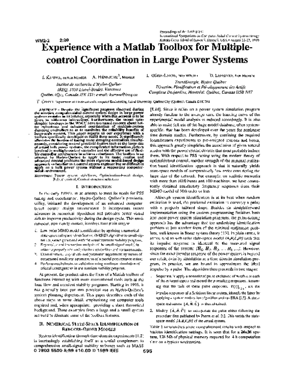 Pdf Experience With A Matlab Toolbox For Multiple Control Coordination In Large Power Systems