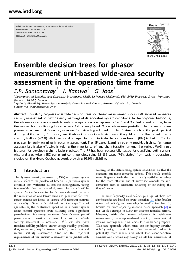 (PDF) Ensemble Decision Trees for PMU Security Assessment