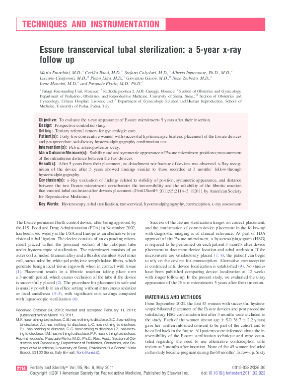 (PDF) Essure transcervical tubal sterilization: a 5-year x-ray follow up
