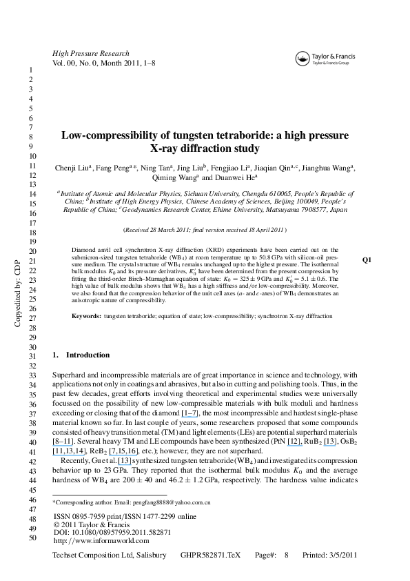 (PDF) Low-compressibility of tungsten tetraboride: a high pressure X ...