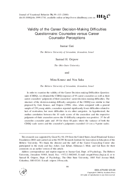 Pdf Validity Of The Career Decision Making Difficulties Questionnaire