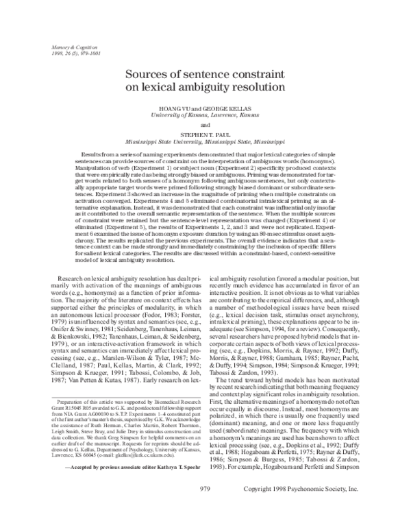(PDF) Sources of sentence constraint on lexical ambiguity resolution | hoang vu - Academia.edu
