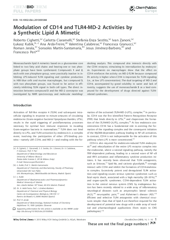 (PDF) Modulation of CD14 and TLR4⋅MD-2 Activities by a Synthetic Lipid A Mimetic