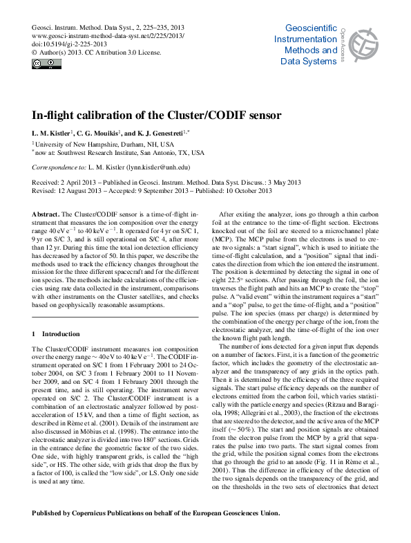 (PDF) In-flight Calibration of the Cluster/CODIF sensor
