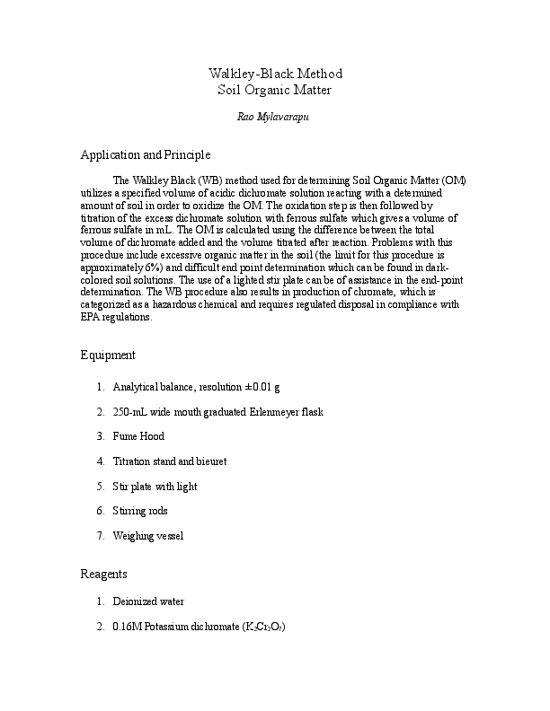 (DOC) Walkley-Black Method Soil Organic Matter Application and Principle