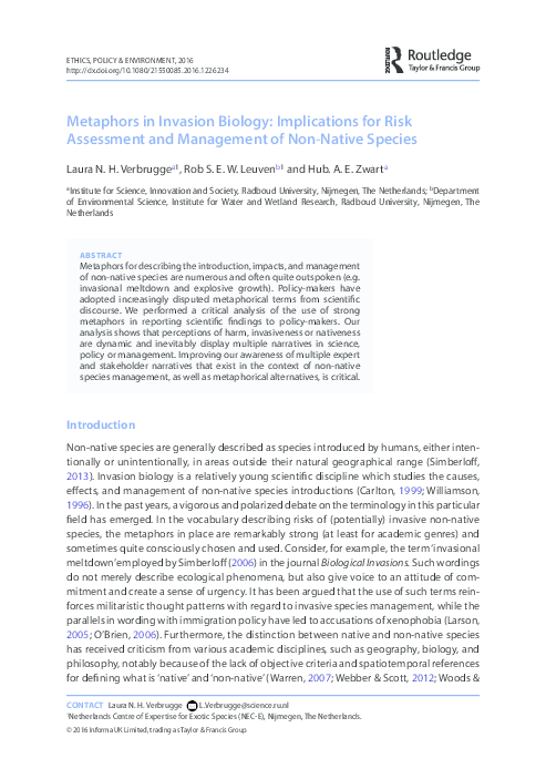 (PDF) Metaphors in Invasion Biology: Implications for Risk Assessment ...