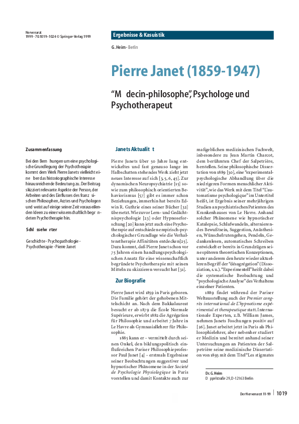 (PDF) Pierre Janet (1859–1947)“Médecin-philosophe”, Psychologe und ...