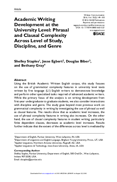 (PDF) Academic writing development at the university: Grammatical complexity across level of ...