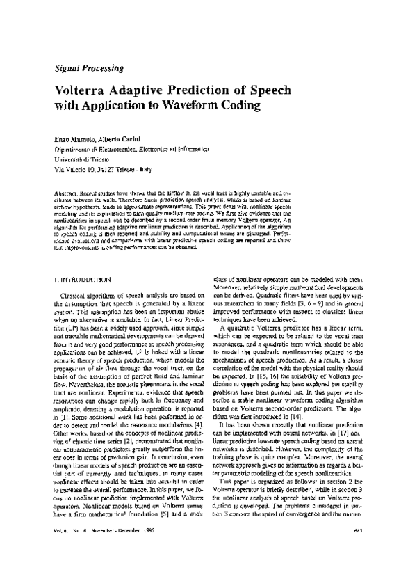 Pdf Volterra Adaptive Prediction Of Speech With Application To 7323