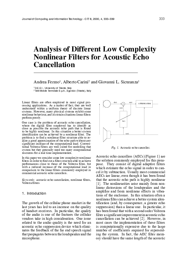 (PDF) Analysis of Different Low Complexity Nonlinear Filters for Acoustic Echo Cancellation
