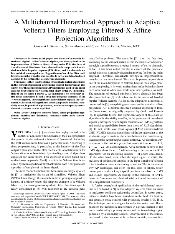 (PDF) A multichannel hierarchical approach to adaptive Volterra filters employing filtered-X ...