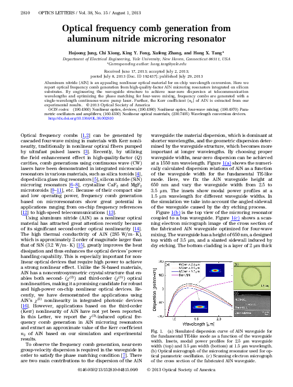 (PDF) Optical frequency comb generation from aluminum nitride microring resonator