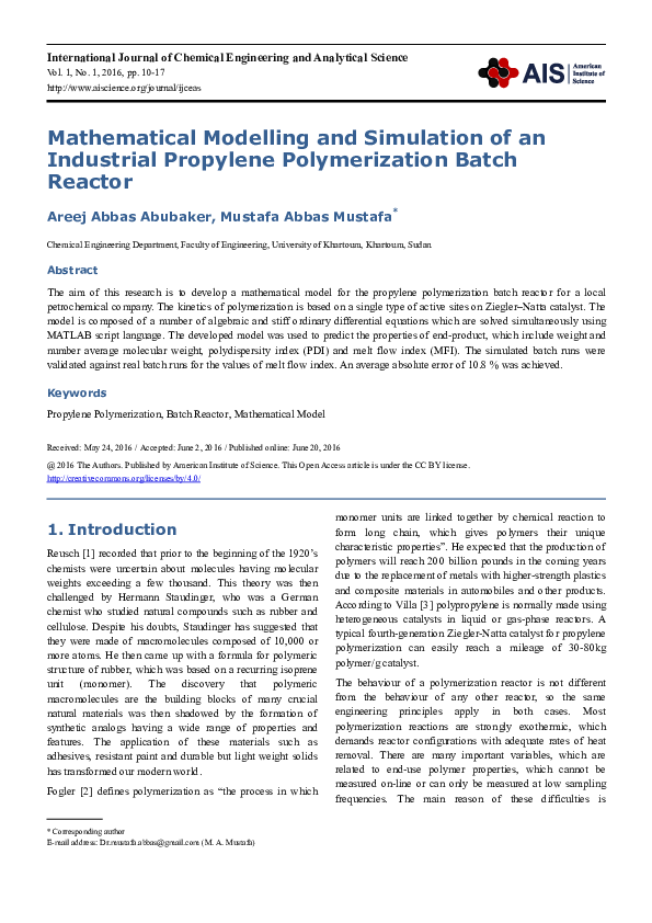 Pdf Mathematical Modelling And Simulation Of An Industrial Propylene Polymerization Batch Reactor