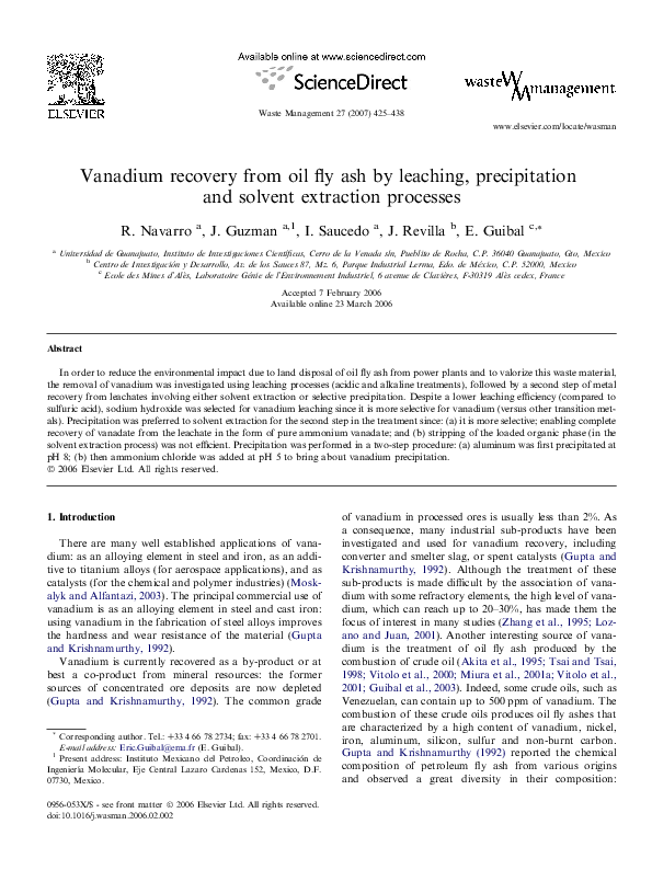 (PDF) Vanadium recovery from oil fly ash by leaching, precipitation and ...
