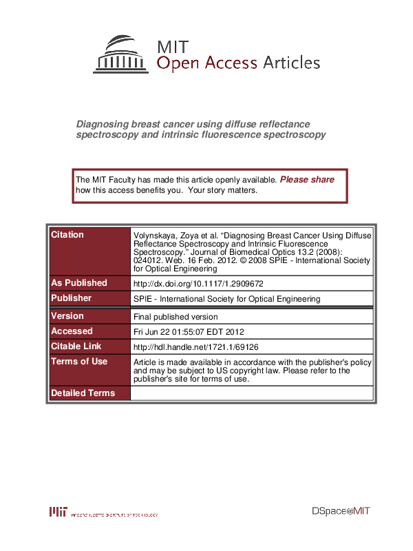 Pdf Diagnosing Breast Cancer Using Diffuse Reflectance Spectroscopy