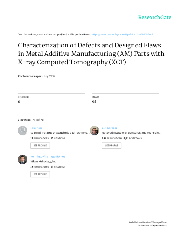 (PDF) Characterization of Defects and Designed Flaws in Metal Additive ...
