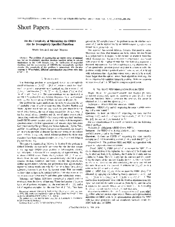 Pdf On The Complexity Of Minimizing The Obdd Size For Incompletely Specified Functions 
