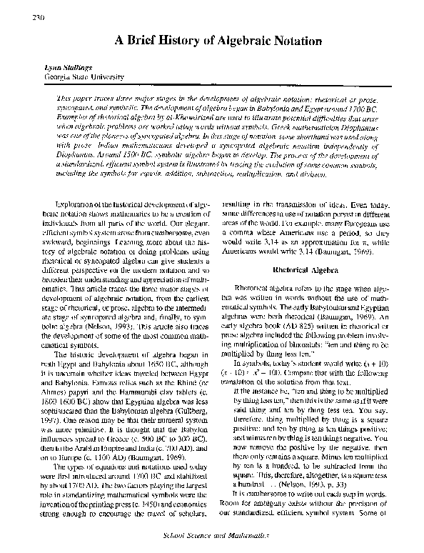 (PDF) A Brief History of Algebraic Notation