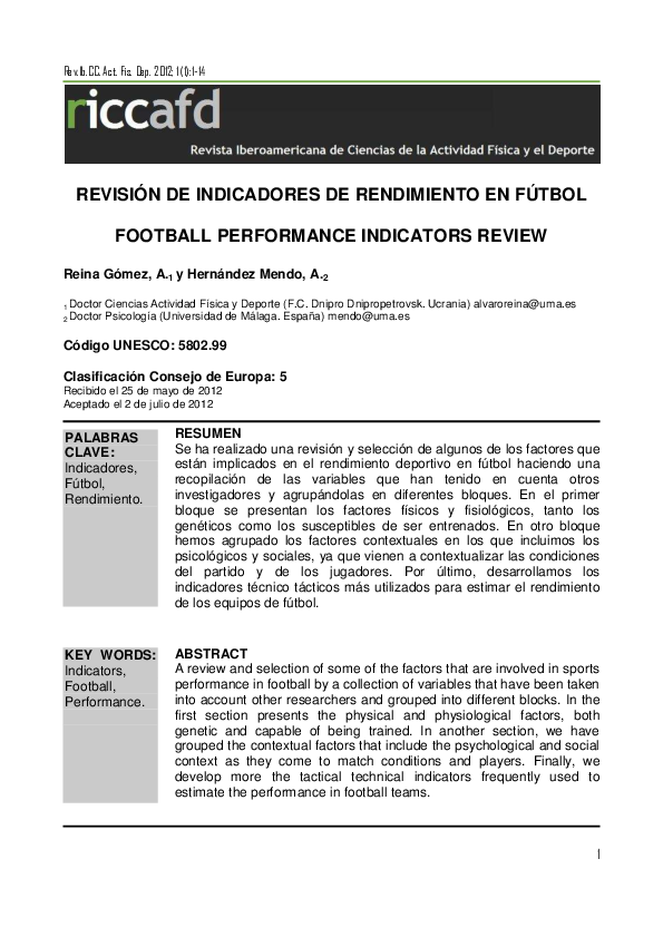 (PDF) REVISIÓN DE INDICADORES DE RENDIMIENTO EN FÚTBOL FOOTBALL ...