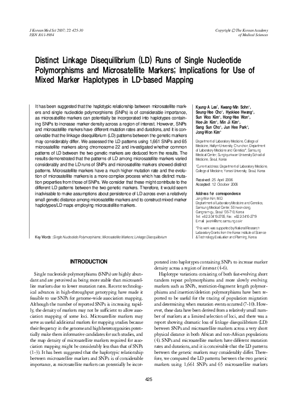 (PDF) Distinct Linkage Disequilibrium (LD) Runs of Single Nucleotide Polymorphisms and ...