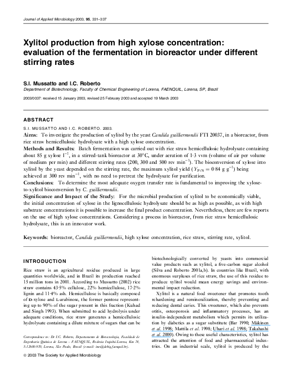 (PDF) Xylitol production from high xylose concentration: evaluation of ...