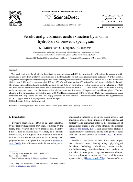 (PDF) Ferulic and p-coumaric acids extraction by alkaline hydrolysis of ...