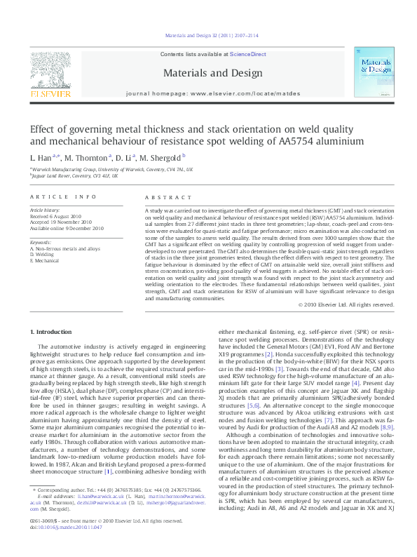 (PDF) Effect of governing metal thickness and stack orientation on weld ...