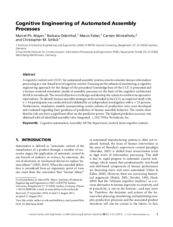 (PDF) Cognitive Engineering of Automated Assembly Processes