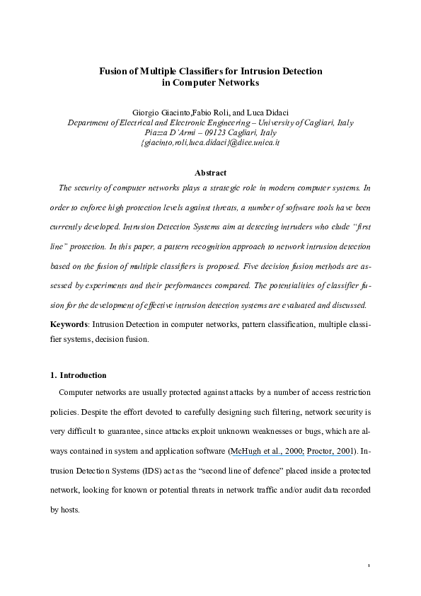 Pdf Fusion Of Multiple Classifiers For Intrusion Detection In Computer Networks