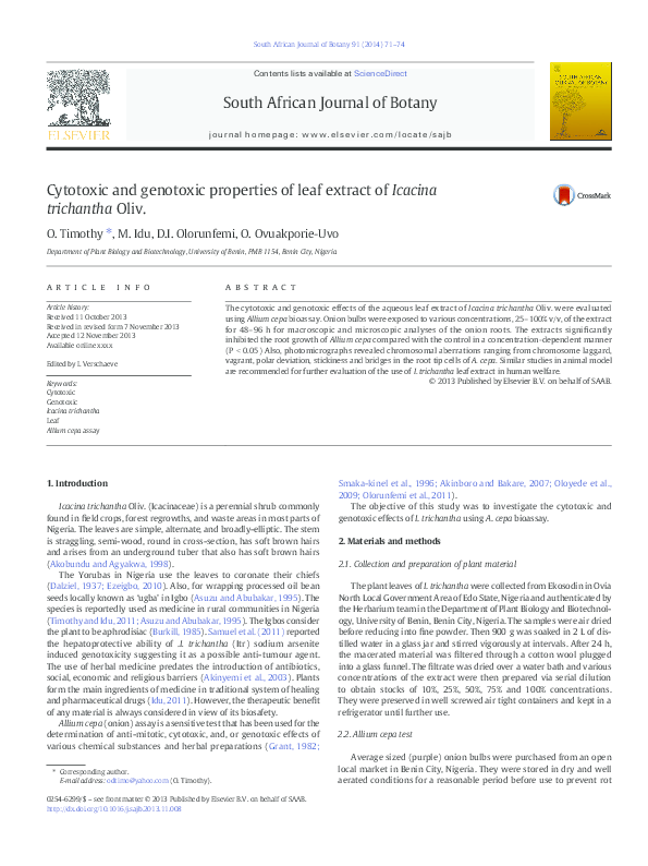 (PDF) Cytotoxic and genotoxic properties of leaf extract of Icacina ...
