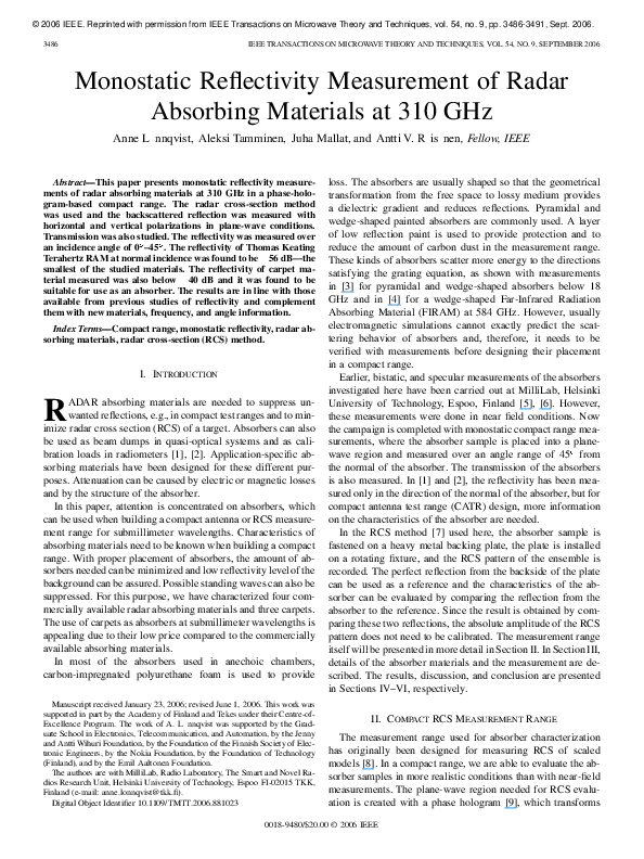 (PDF) Radar Reflectivity of Absorbing Materials at 310 GHz