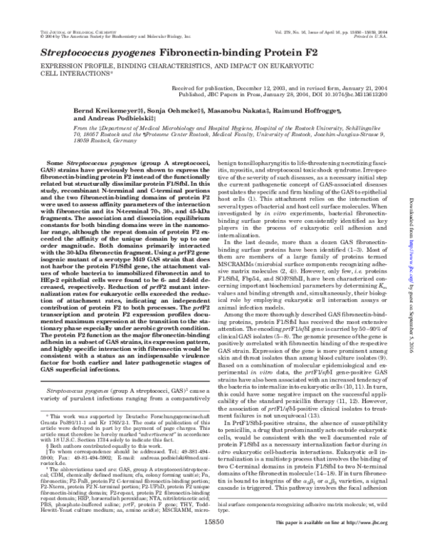 (PDF) Streptococcus pyogenes Fibronectin-binding Protein F2: EXPRESSION PROFILE, BINDING ...