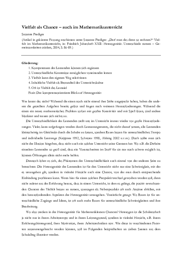 (PDF) Vielfalt als Chance - auch im Mathematikunterricht | Susanne ...