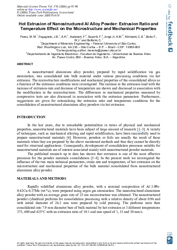 (PDF) Hot Extrusion of Nanostructured Al Alloy Powder: Extrusion Ratio and Temperature Effect on ...