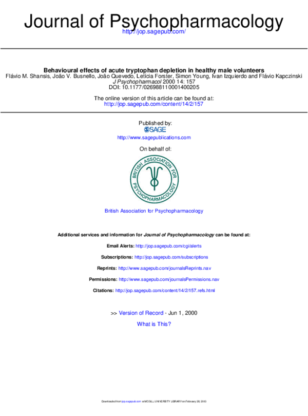Pdf Behavioural Effects Of Acute Tryptophan Depletion In Healthy Male
