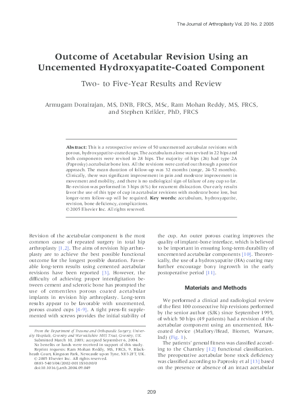 (PDF) Outcome of Acetabular Revision Using an Uncemented Hydroxyapatite-Coated Component