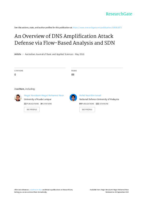 An Overview Of Dns Amplification Attack Defense Via Flow Based Analysis And Sdn