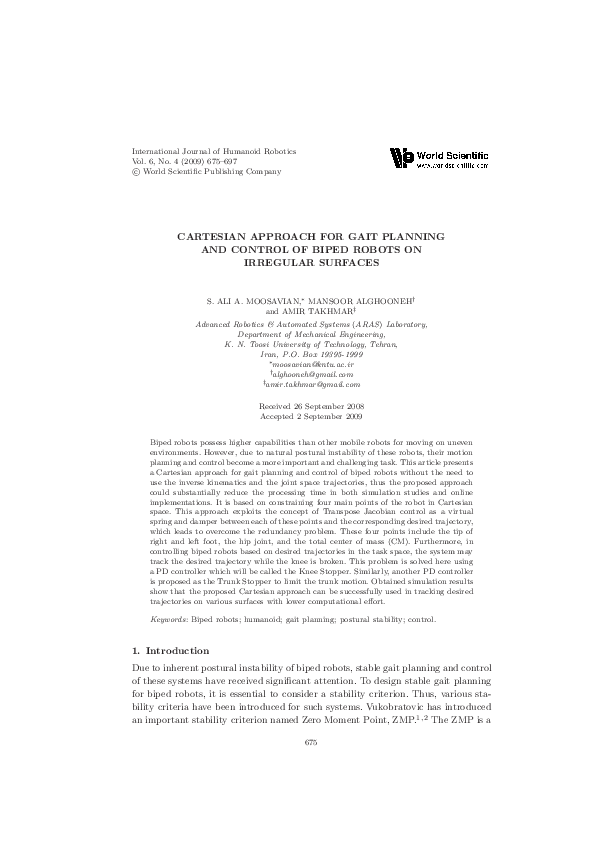 Pdf Cartesian Approach For Gait Planning And Control Of Biped Robots