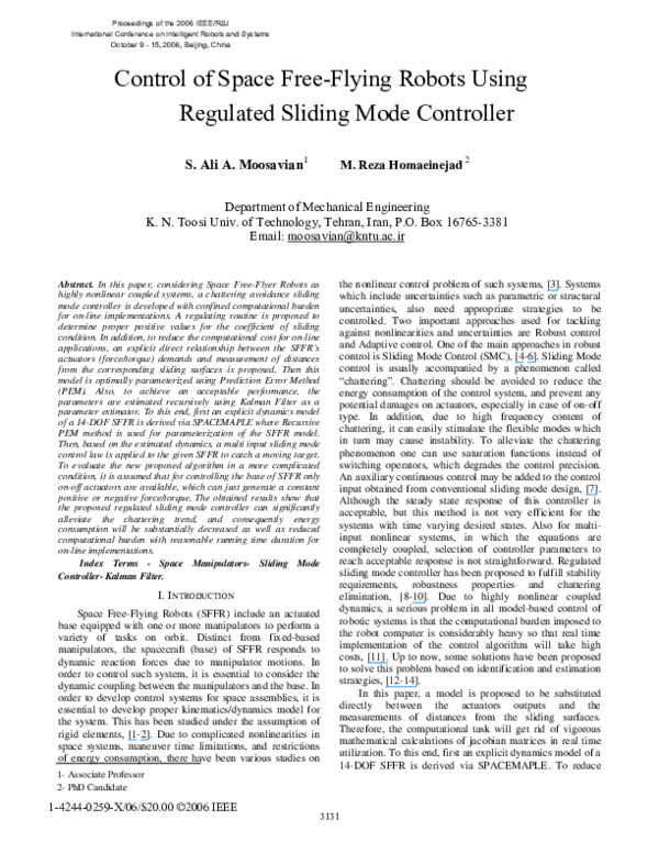 (PDF) Control of Space Free-Flying Robots Using Regulated Sliding Mode Controller