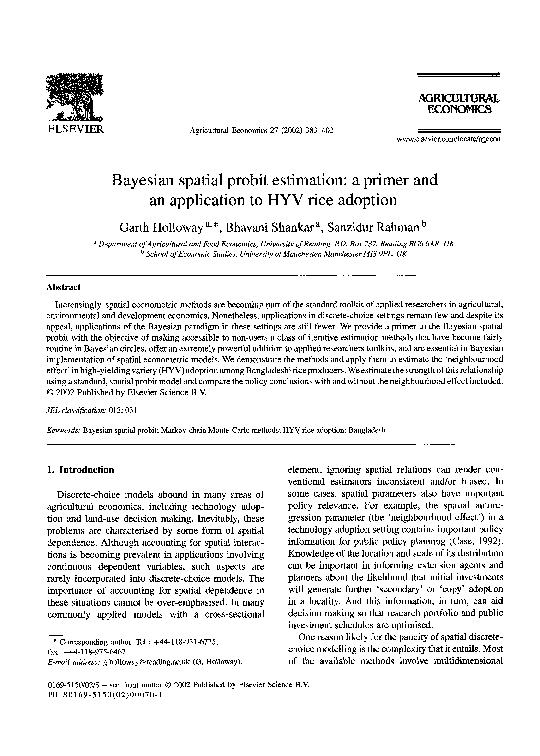 (PDF) Bayesian spatial probit estimation: a primer and an application to HYV rice adoption