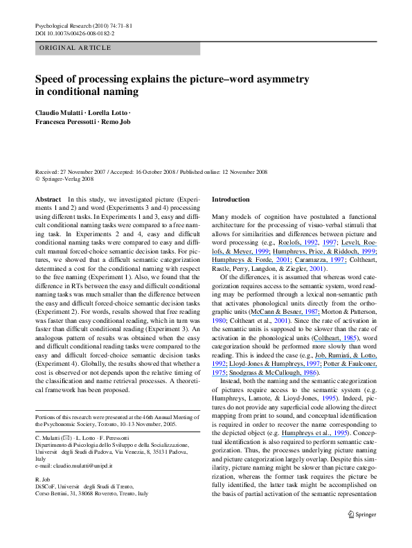 (PDF) Speed of processing explains the picture–word asymmetry in conditional naming