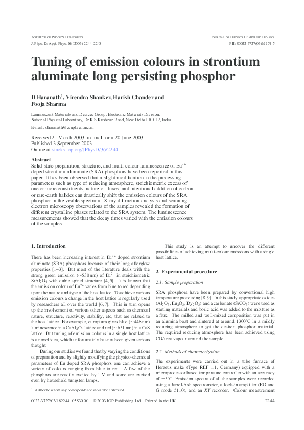 (PDF) Tuning of emission colours in strontium aluminate long persisting ...