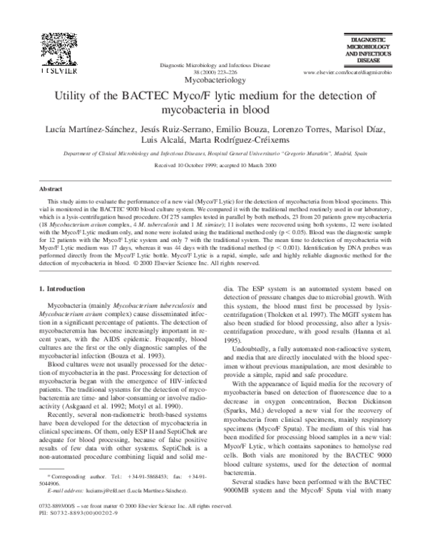 (PDF) Utility of the BACTEC Myco/F lytic medium for the detection of ...